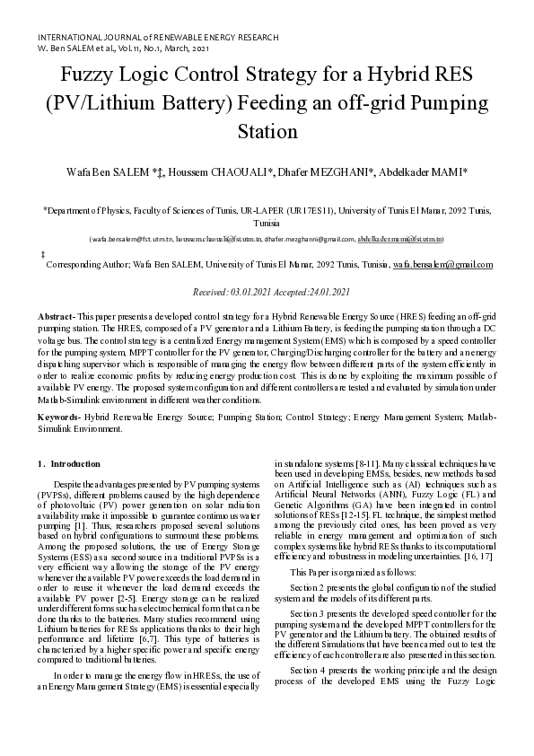(PDF) Control Strategy for a Hybrid RES (PV/Lithium Battery) Feeding an ...