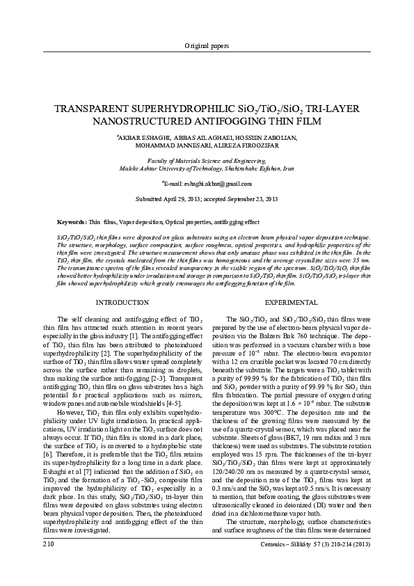 (PDF) TRANSPARENT SUPERHYDROPHILIC SiO2/TiO2/SiO2 TRI-LAYER ...