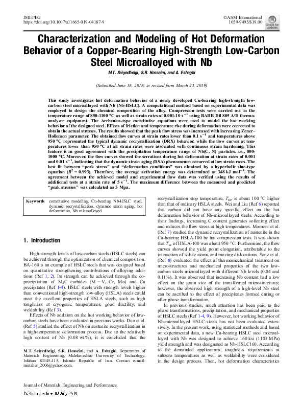 (PDF) Characterization and Modeling of Hot Deformation Behavior of a ...