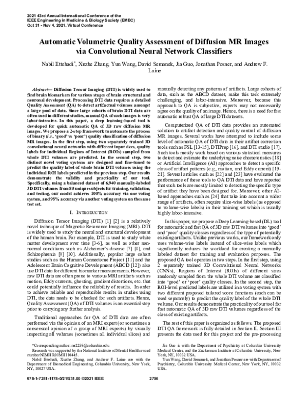 (PDF) Automatic Volumetric Quality Assessment of Diffusion MR Images via Convolutional Neural ...