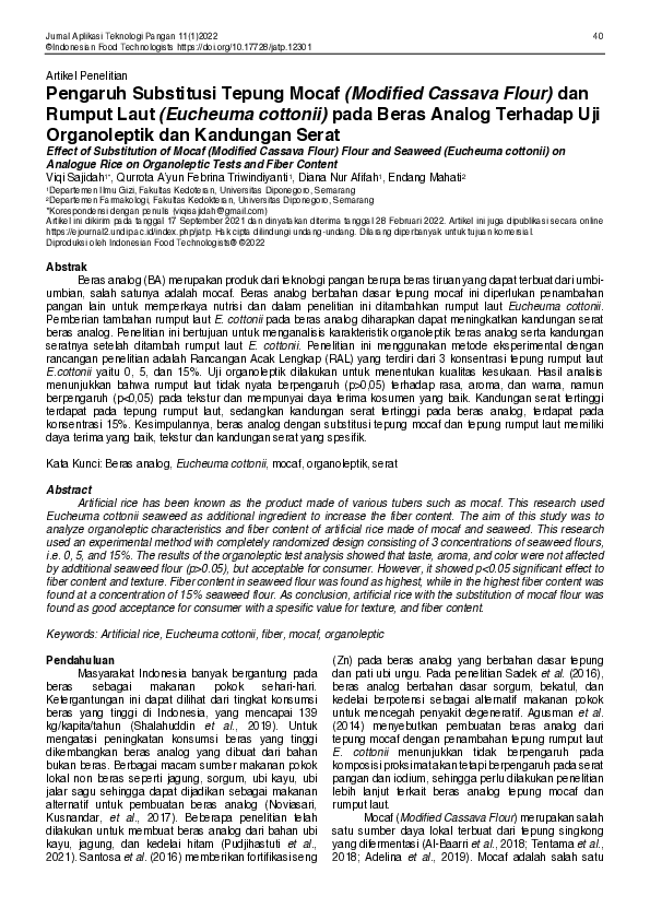 (PDF) Pengaruh Substitusi Tepung Mocaf (Modified Cassava Flour) dan Rumput Laut (Eucheuma ...