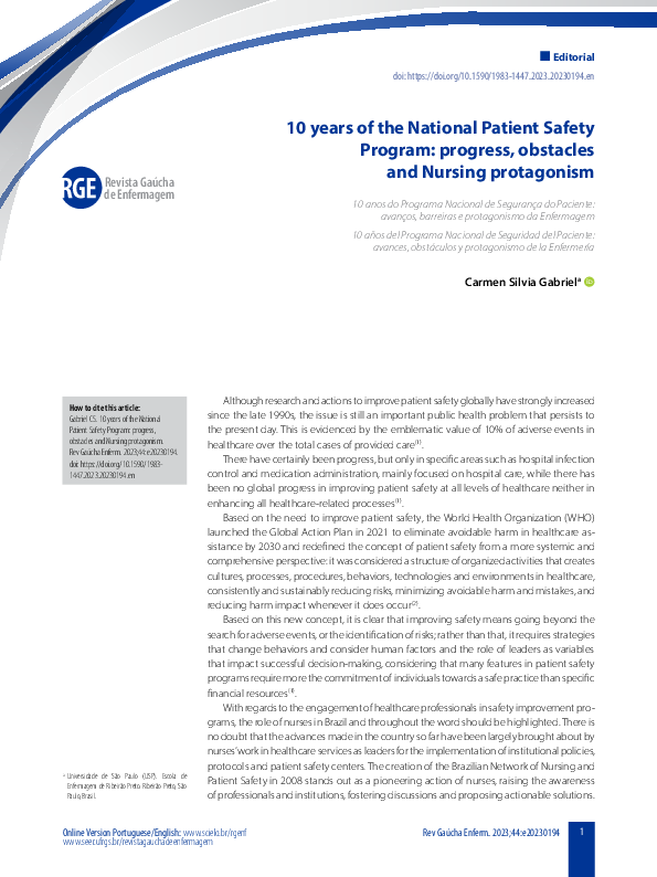 (PDF) 10 years of the National Patient Safety Program: progress, obstacles and Nursing ...