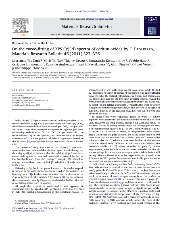 (PDF) On the curve-fitting of XPS Ce(3d) spectra of cerium oxides