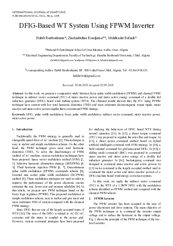 (PDF) DFIG-Based WT System Using FPWM Inverter | Habib BENBOUHENNI - Academia.edu