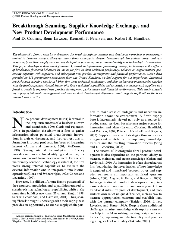 (PDF) Breakthrough Scanning, Supplier Knowledge Exchange, and New Product Development Performance