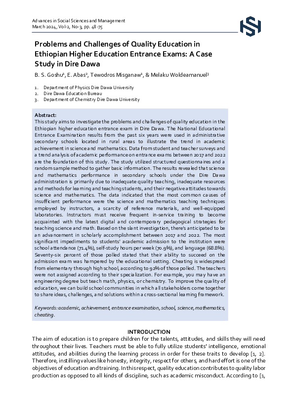(PDF) Problems and Challenges of Quality Education in Ethiopian Higher Education Entrance Exams ...
