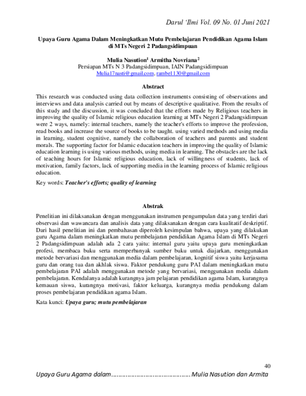 (PDF) Upaya Guru Agama Dalam Meningkatkan Mutu Pembelajaran Pendidikan Agama Islam di MTs Negeri ...