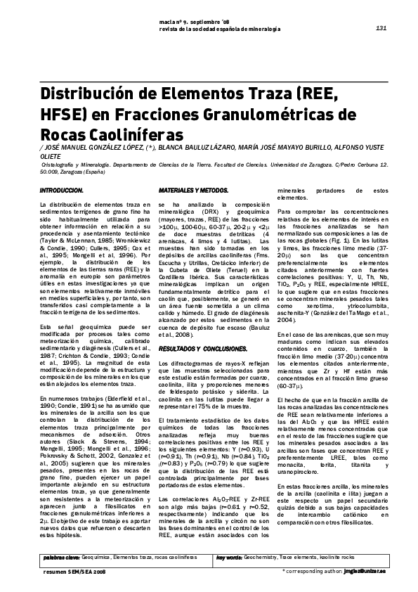 (PDF) Distribución de Elementos Traza (REE, HFSE) en Fracciones ...