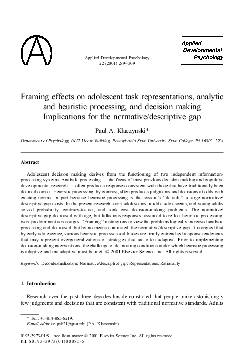 (PDF) Framing effects on adolescent task representations, analytic and ...