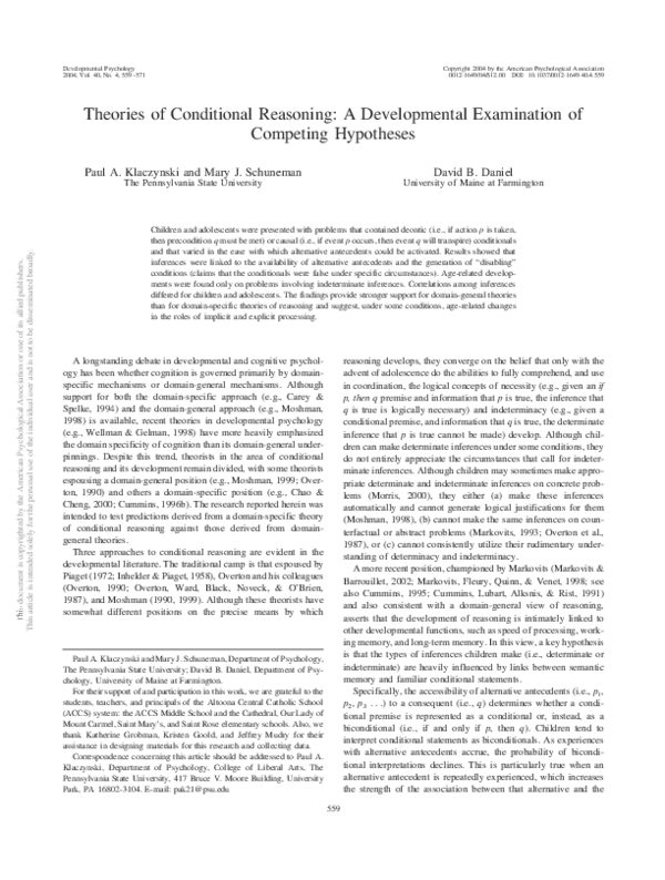 (PDF) Theories of Conditional Reasoning: A Developmental Examination of Competing Hypotheses ...