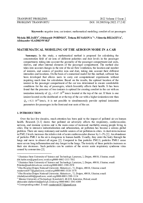 (PDF) Mathematical Modeling of the Aeroion Mode in a Car