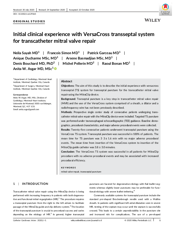 (PDF) Initial clinical experience with VersaCross transseptal system ...