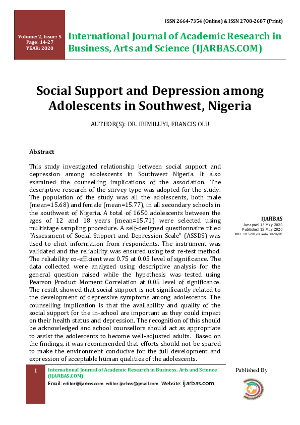(PDF) Social Support and Depression among Adolescents in Southwest, Nigeria