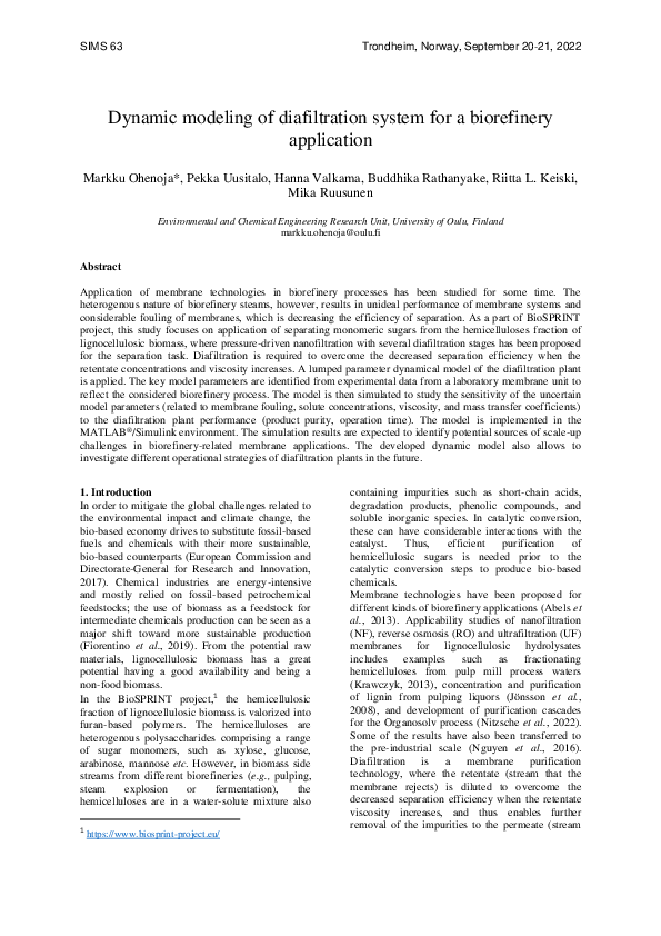 Pdf Dynamic Modeling Of Diafiltration System For A Biorefinery Application