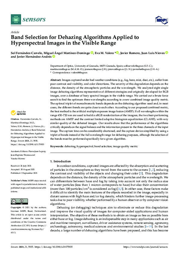 (PDF) Band Selection for Dehazing Algorithms Applied to Hyperspectral Images in the Visible Range