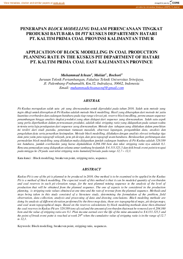 (PDF) Penerapan Block Modelling Dalam Perencanaan Tingkat Produksi Batubara DI Pit Kuskus ...