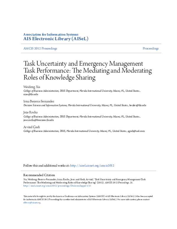 (PDF) Task Uncertainty and Emergency Management Task Performance: The Mediating and Moderating ...