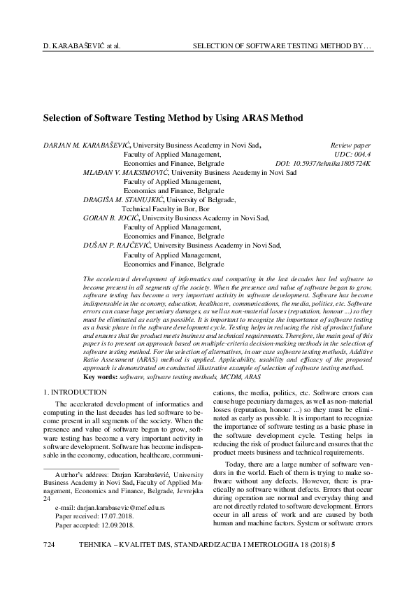 (PDF) Selection of software testing method by using ARAS method