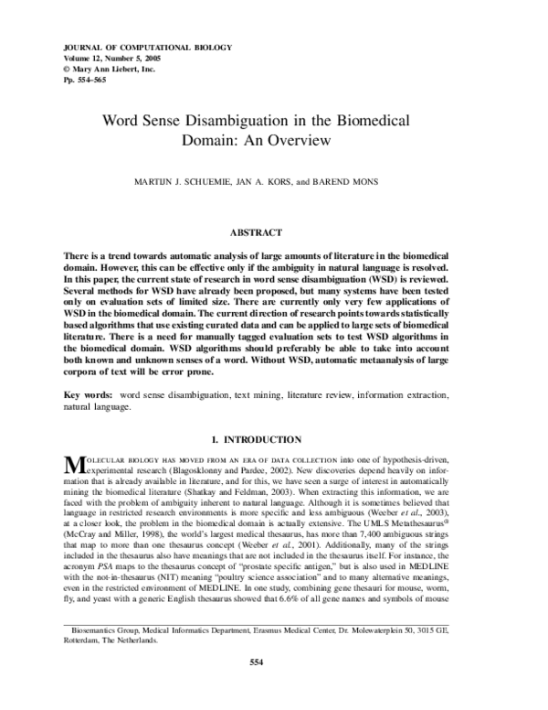(PDF) Word Sense Disambiguation in the Biomedical Domain: Short ...