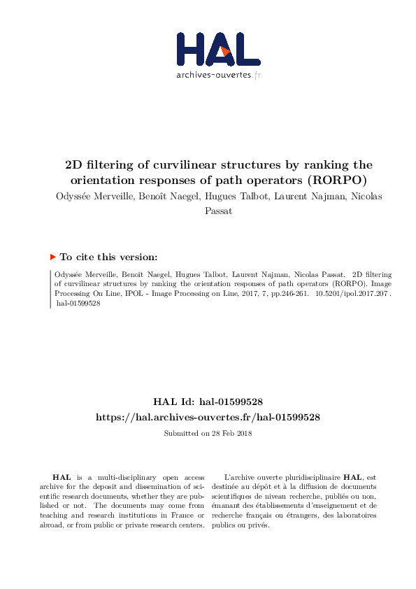 (PDF) 2D Filtering of Curvilinear Structures by Ranking the Orientation Responses of Path ...