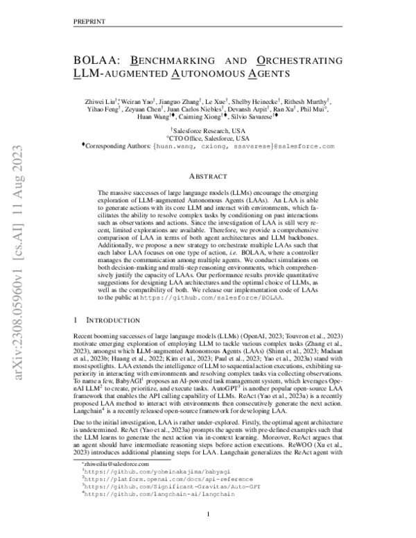 (PDF) BOLAA: Benchmarking and Orchestrating LLM-augmented Autonomous Agents