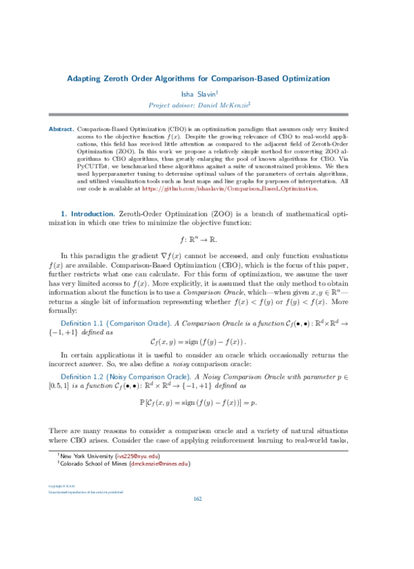 Pdf Adapting Zeroth Order Algorithms For Comparison Based Optimization 