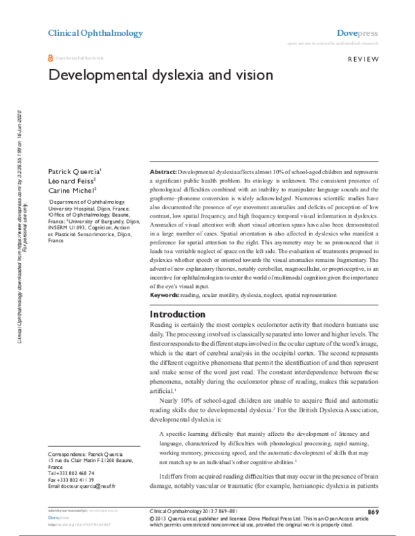(PDF) Developmental dyslexia and vision