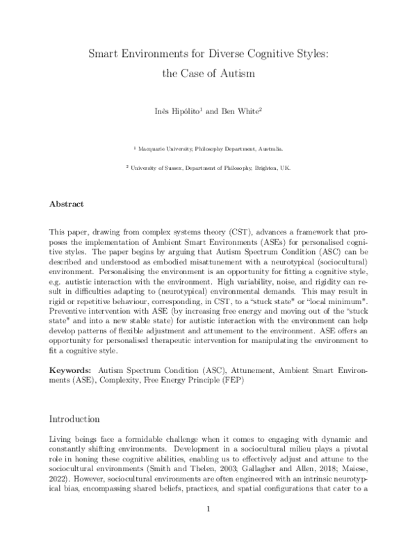 (PDF) Smart Environments for Diverse Cognitive Styles: the Case of Autism
