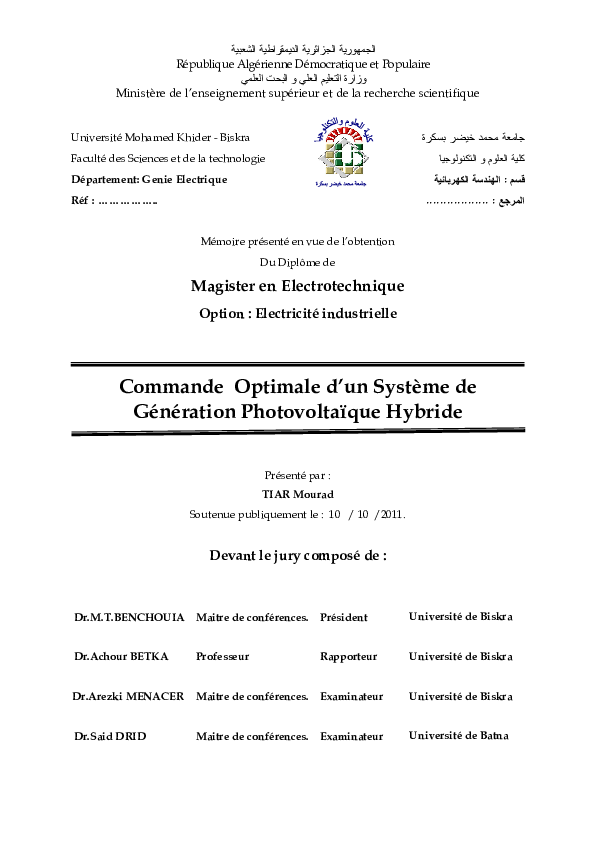 (PDF) Commande Optimale d’un Système de Génération Photovoltaïque Hybride