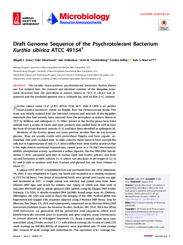 (PDF) Draft Genome Sequence of the Psychrotolerant Bacterium Kurthia ...