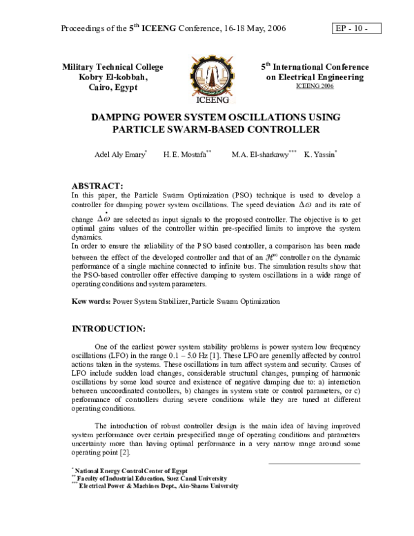 Pdf Damping Power System Oscillations Using Particle Swarm Based