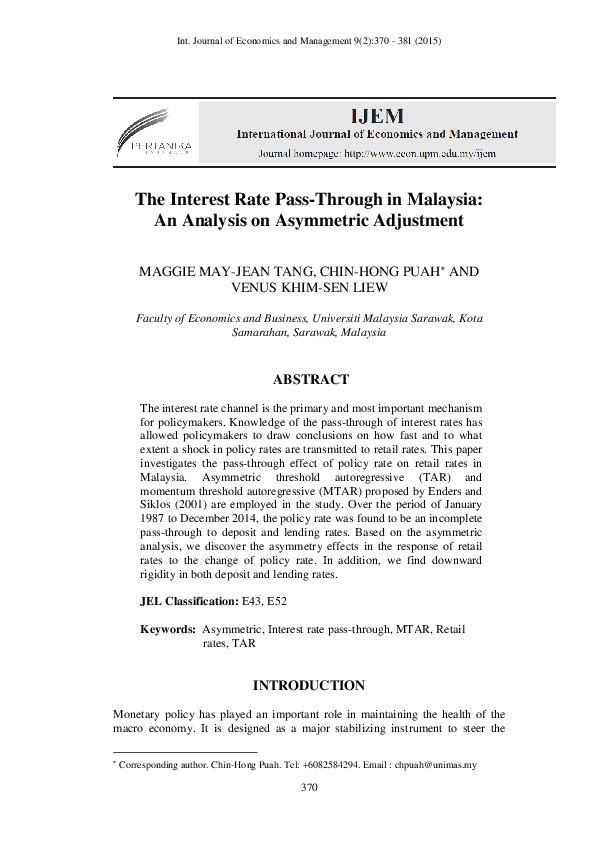 (PDF) The Interest Rate Pass-Through in Malaysia: An Analysis on ...