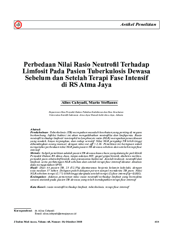 (PDF) Perbedaan Nilai Rasio Neutrofil Terhadap Limfosit Pada Pasien ...