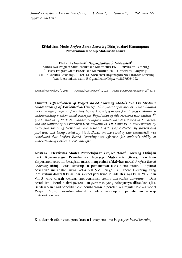 (PDF) Efektivitas Model Project Based Learning Ditinjau dari Kemampuan Pemahaman Konsep ...