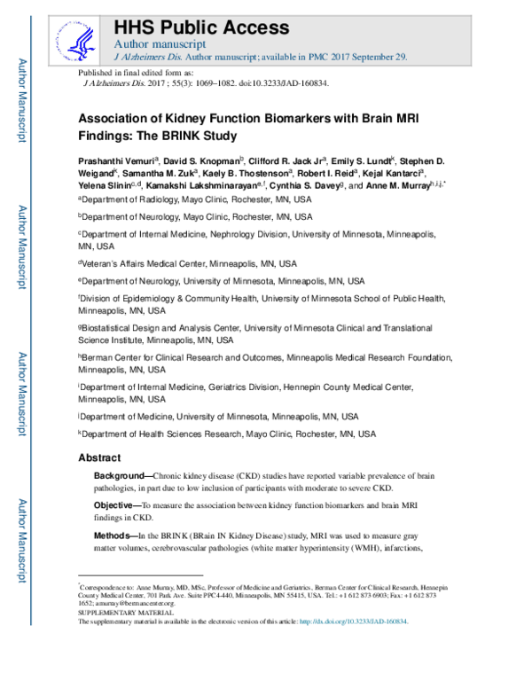 (PDF) Association of Kidney Function Biomarkers with Brain MRI Findings ...