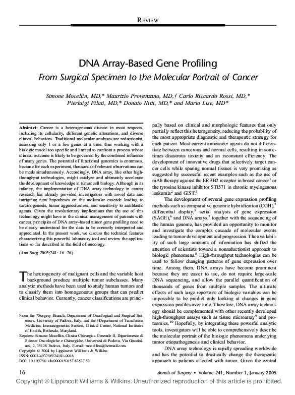 (PDF) DNA Array-Based Gene Profiling From Surgical Specimen to the ...