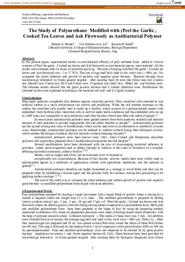 (PDF) The Study of Polyurethane Modified with (Peel the Garlic , Cooked ...