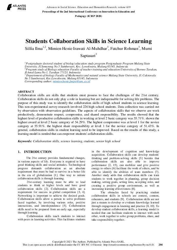 (PDF) Students Collaboration Skills in Science Learning