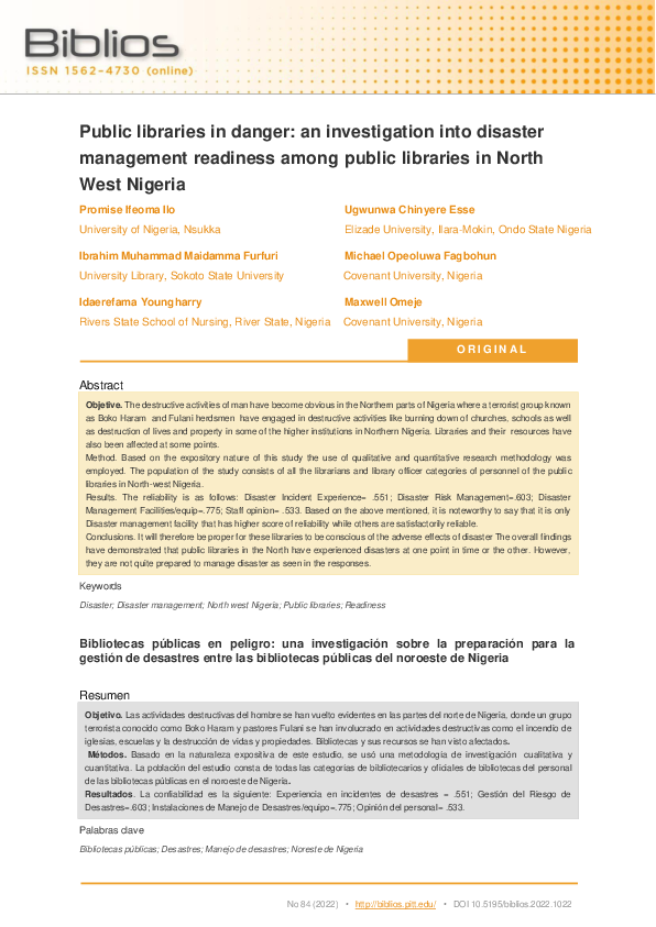 (PDF) Public libraries in danger: an investigation into disaster management readiness among ...