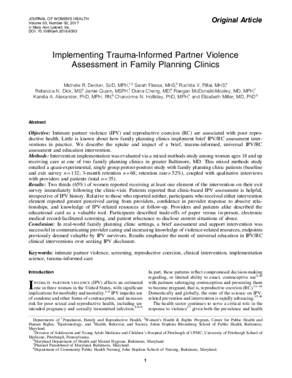 (PDF) Implementing Trauma-Informed Partner Violence Assessment in Family Planning Clinics