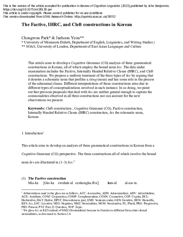 (PDF) The Factive, IHRC, and Cleft constructions in Korean | Jaehoon ...