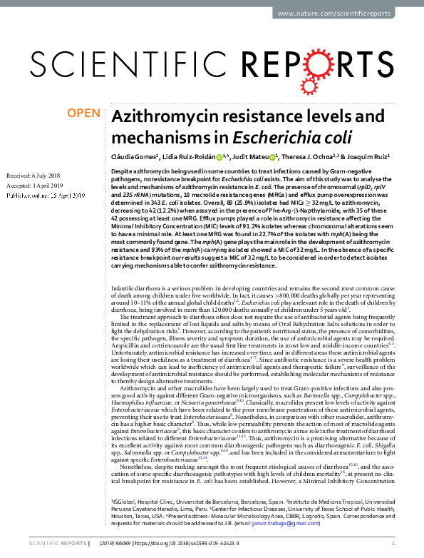 (PDF) Azithromycin resistance levels and mechanisms in Escherichia coli