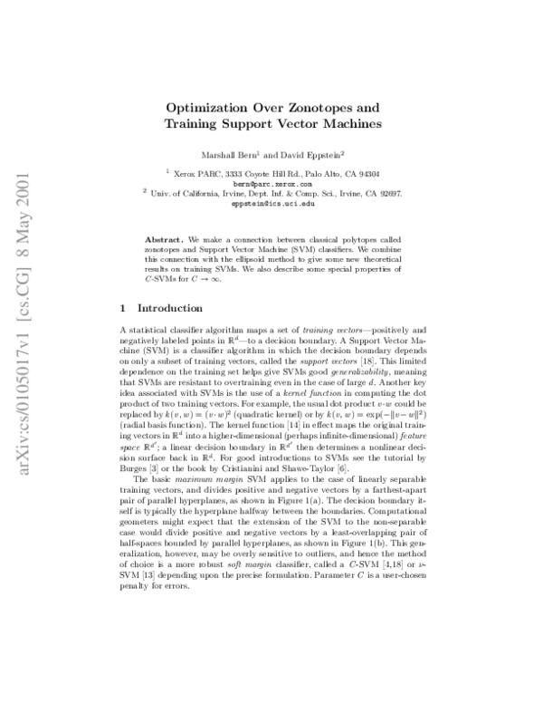 (PDF) Optimization Over Zonotopes and Training Support Vector Machines