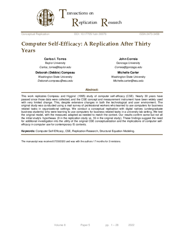 (PDF) Computer Self Efficacy: A Replication After Thirty Years