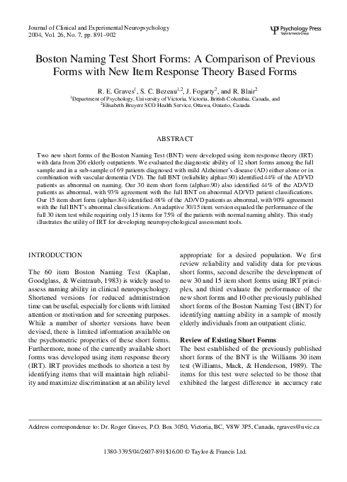 (PDF) Boston Naming Test Short Forms: A Comparison of Previous Forms ...