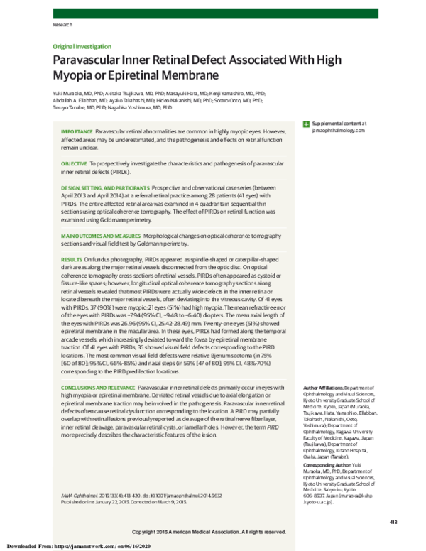 (PDF) Paravascular Inner Retinal Defect Associated With High Myopia or ...