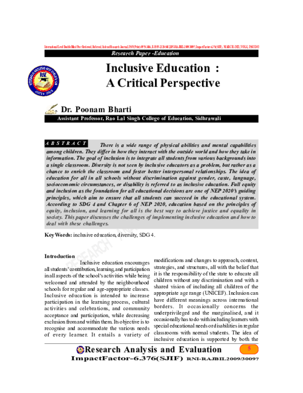 (PDF) Inclusive Education : A Critical Perspective