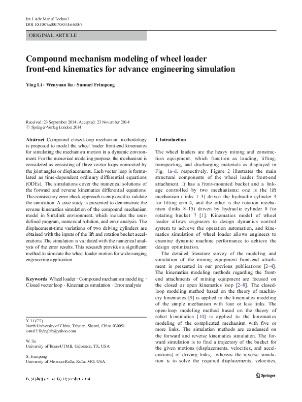 (PDF) Compound mechanism modeling of wheel loader front-end kinematics for advance engineering ...