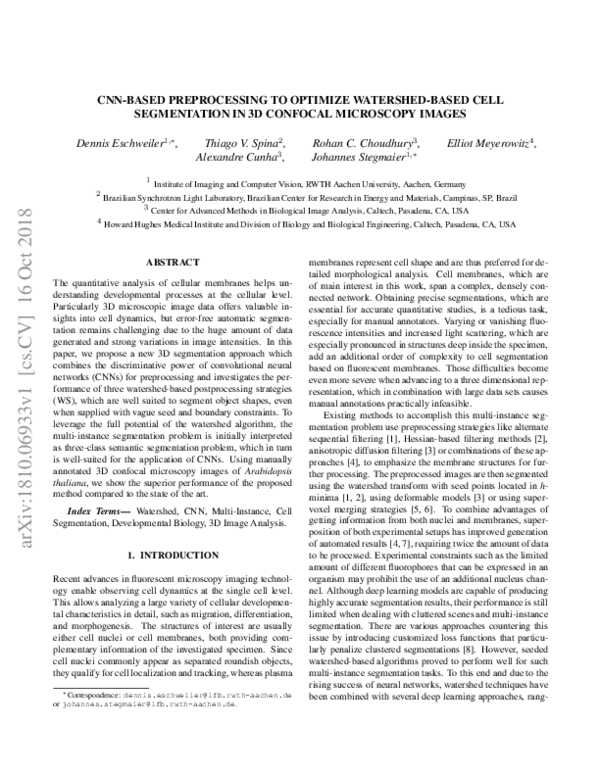 Pdf Cnn Based Preprocessing To Optimize Watershed Based Cell Segmentation In 3d Confocal