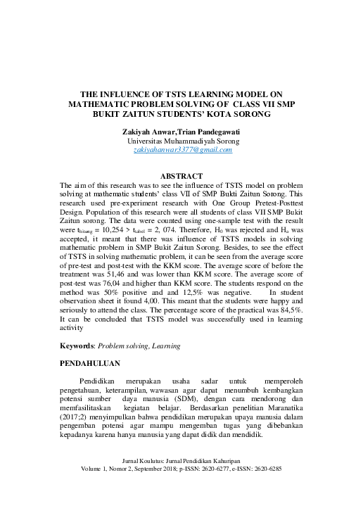 (PDF) The Influence of TSTS Learning Model on Mathematic Problem Solving of Class VII SMP Bukit ...